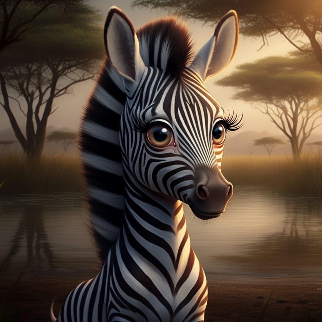 Mona Zebra - Chibi Zebra Amidst Whimsical Waterhole Scene in...