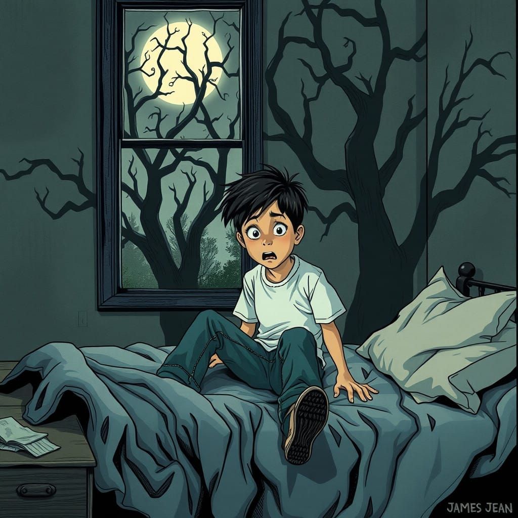 Frightened Boy Confronts Twisted Tree Shadows in M... - AI Art