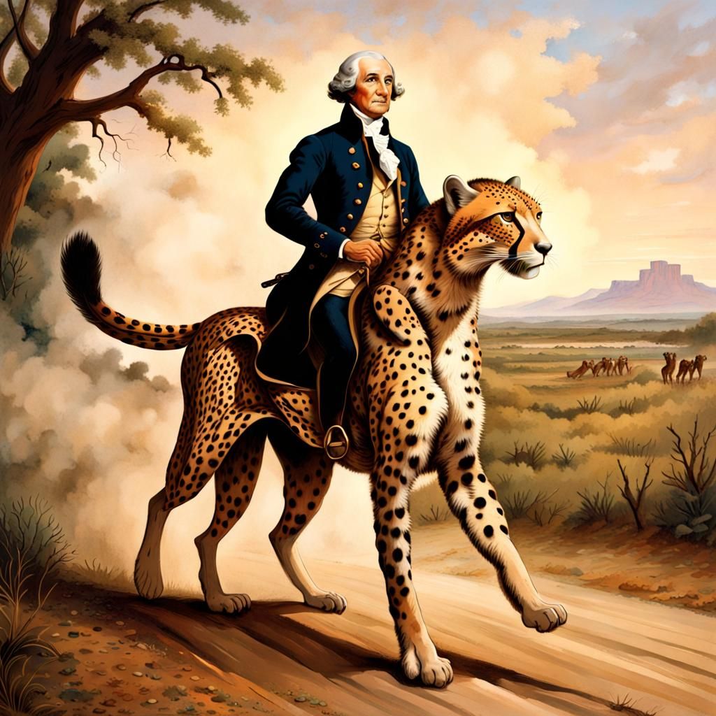 George Washington riding a cheetah on a dirt road - AI Generated ...