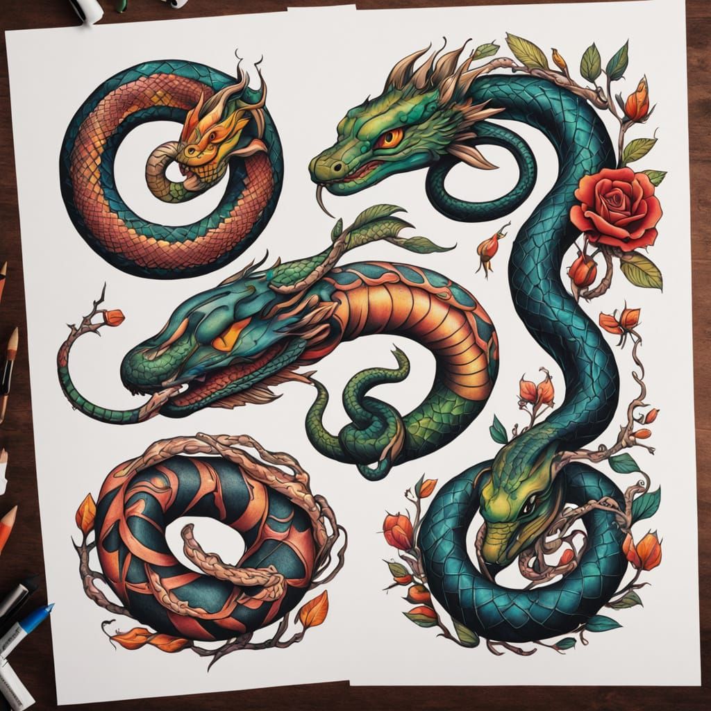 Colorful Mythical Snakes Flash Tattoo Sheet - AI Art
