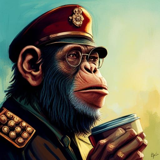 Chimp in military uniform with a cup of coffee - AI Generated Artwork ...