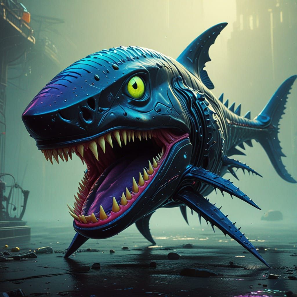 Ethereal Black Shark-Like Alien in Iridescent Armo... - AI Art