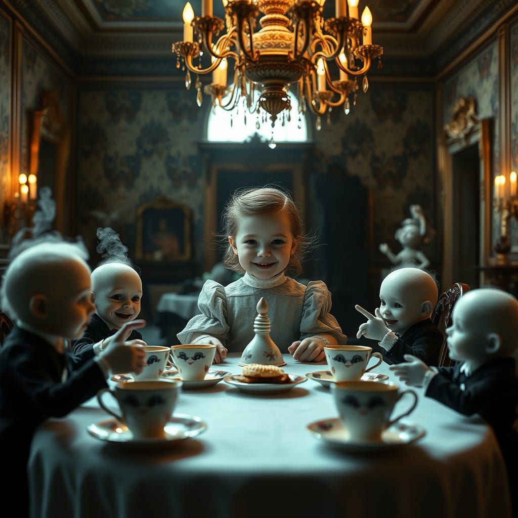 Elegant Child Hosts Sinister Tea Party in a Haunti... - AI Art