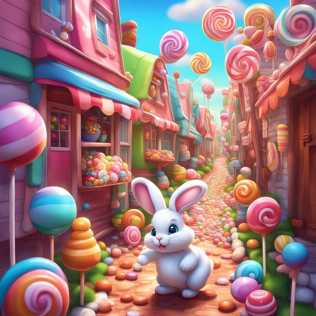 Bunny in candy land lane - AI Generated Artwork - NightCafe Creator