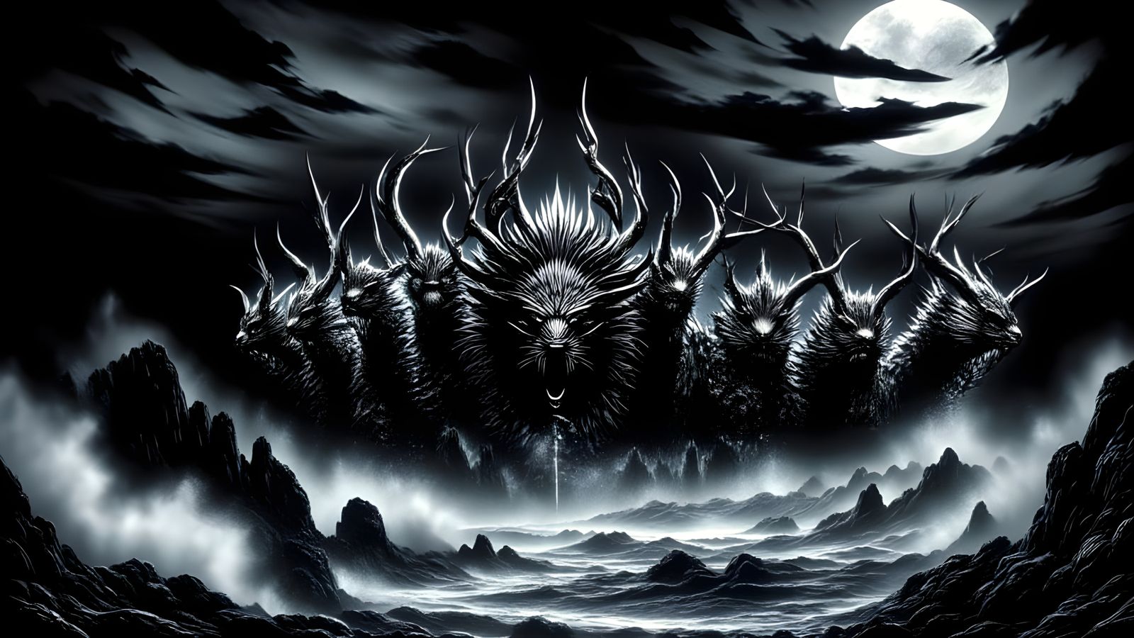 Backlit Revelation - Multi-Headed Beast Emerges from the Sea