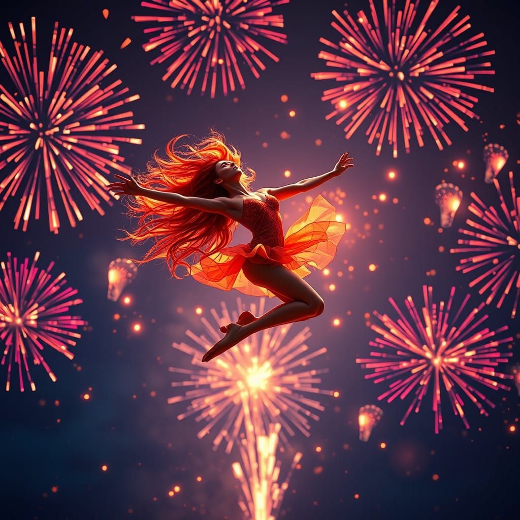 Ethereal Dancer Soars Amidst Vibrant Fireworks in ... - AI Art