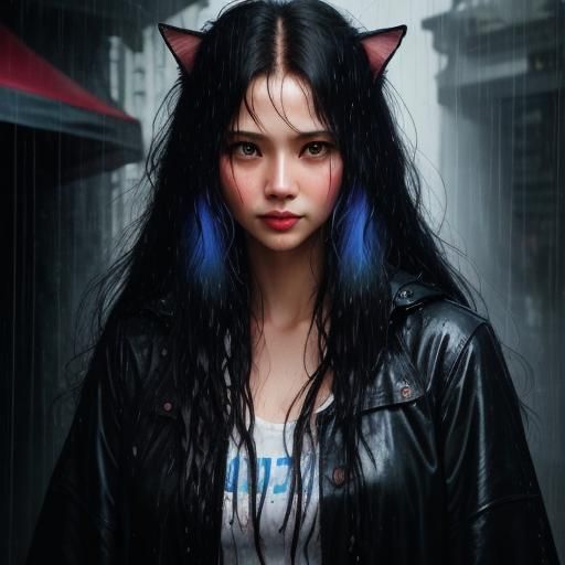 big wet longhair cat wants to get out of the monsoon rain and shelters ...