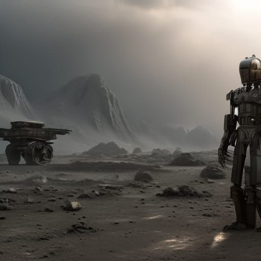 humanoid silver robot in post-apocalyptic wasteland - AI Generated ...