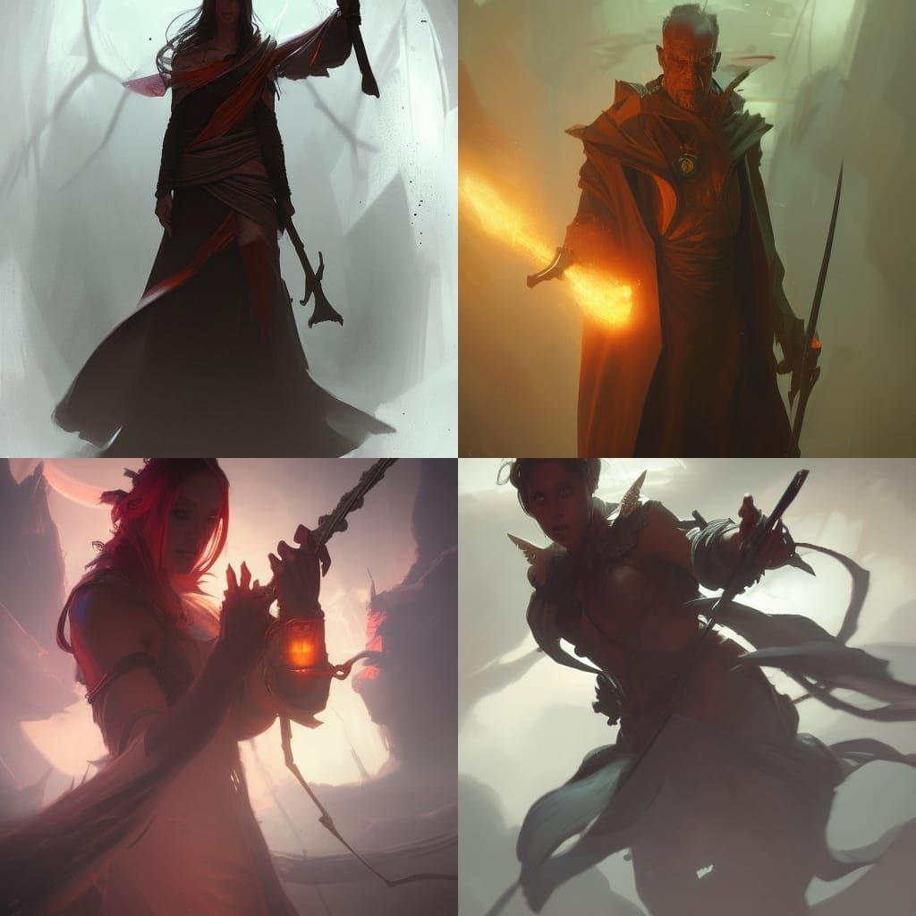 An evil warlock casting a spell with his staff that has a orange glow ...