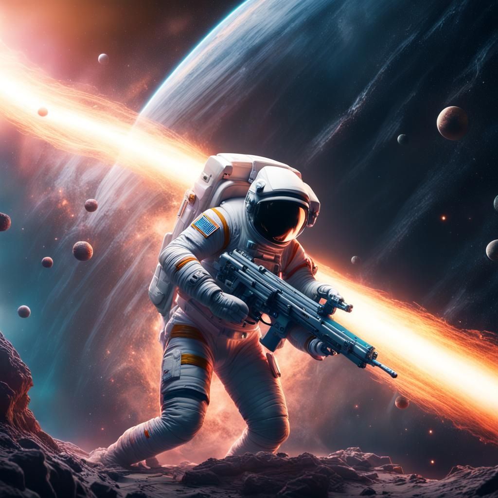 astronaut, firing a Lazer rifle, holding on to a spaceship, outer space ...