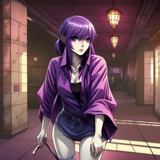 A girl with purple hair and purple eyes with two white strands in a ...