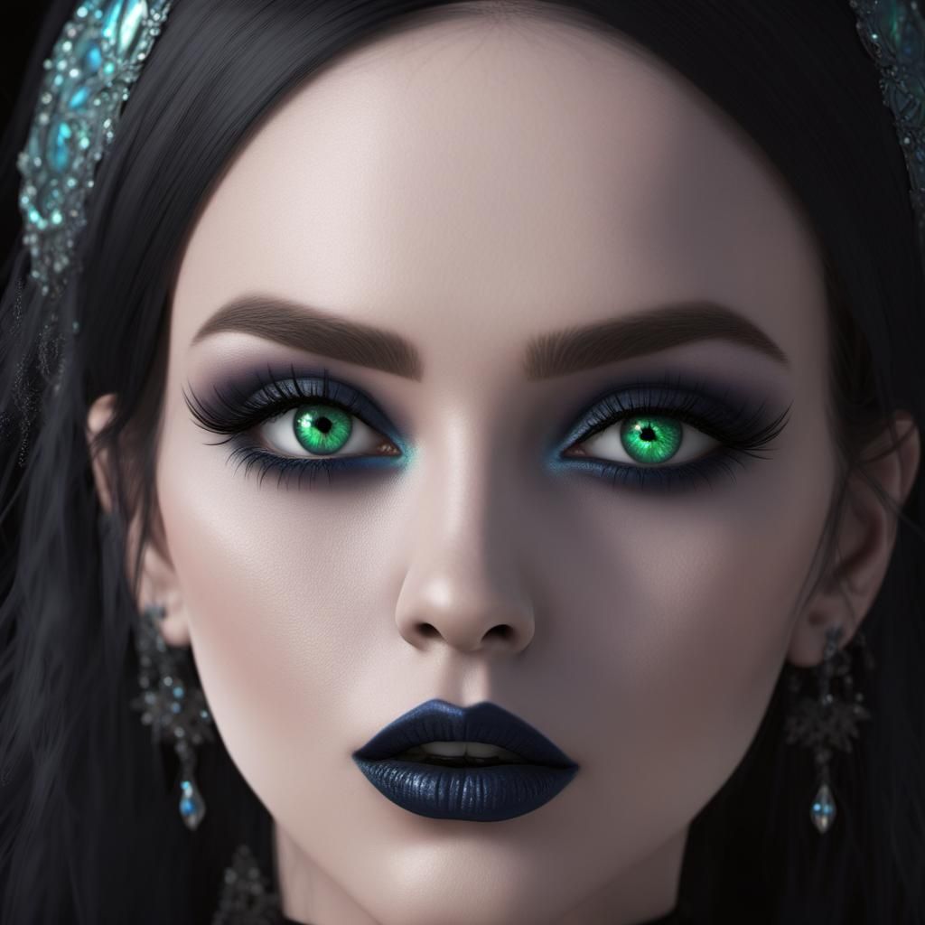 Ethereal gothic beauty with long black hair and green eyes with cobalt ...