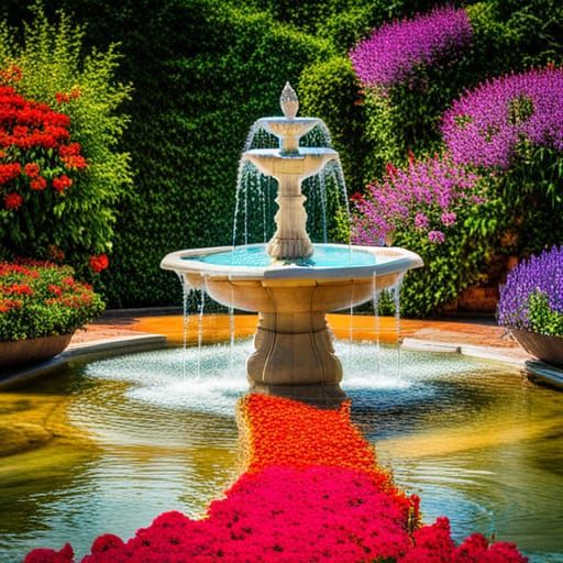 Flower path to the fountain - AI Generated Artwork - NightCafe Creator