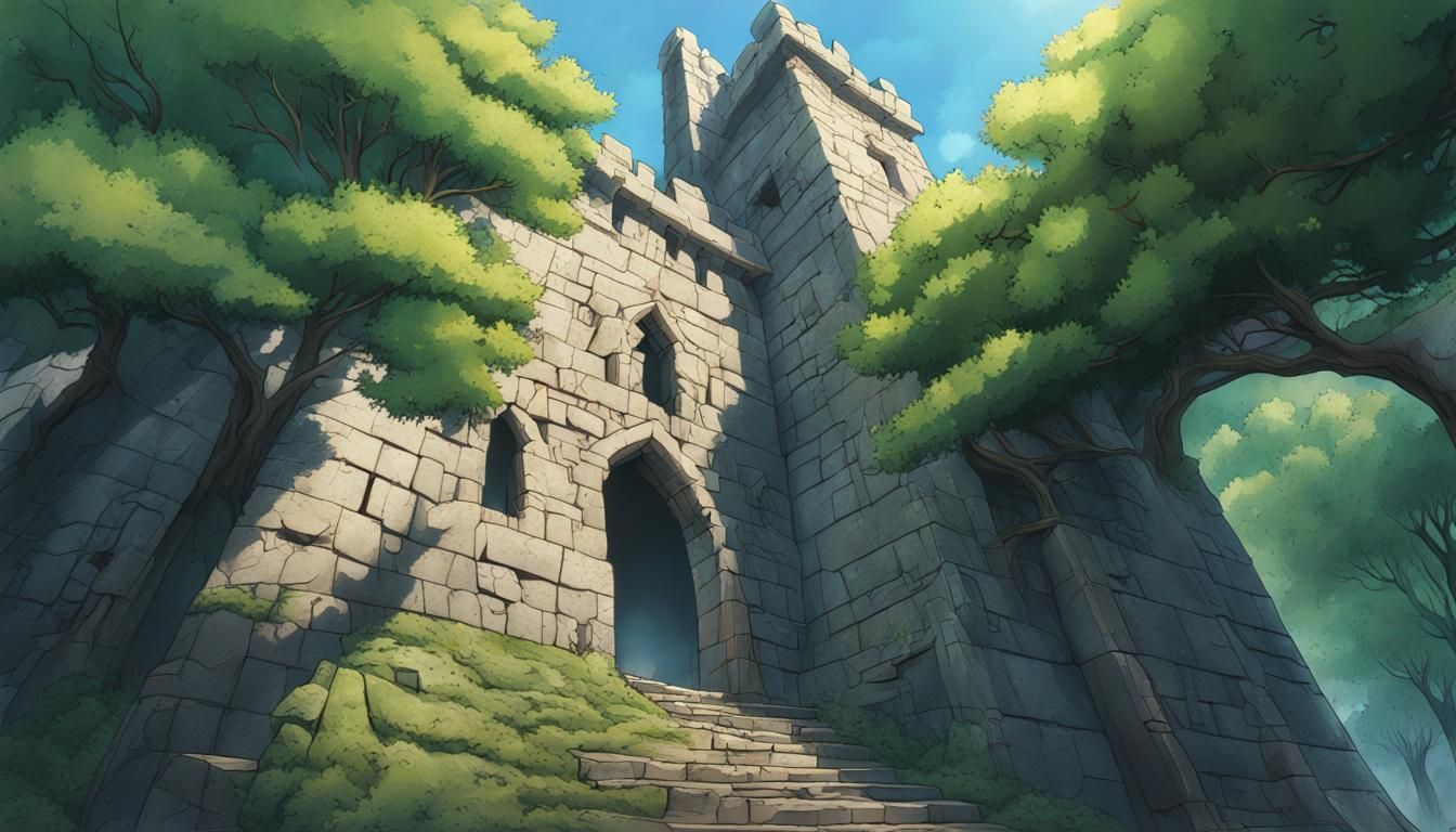 cinematic ruined castle walls, detailed cracks, close up, first person ...