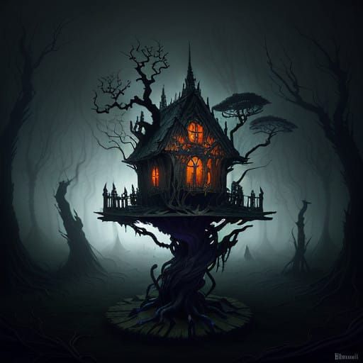 Gothic Miniature Tree House Weaves Dark Mysticism - AI Art
