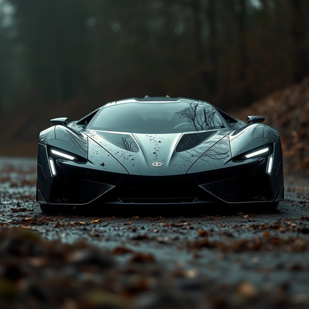 Exotic sports car on backroads in the rain