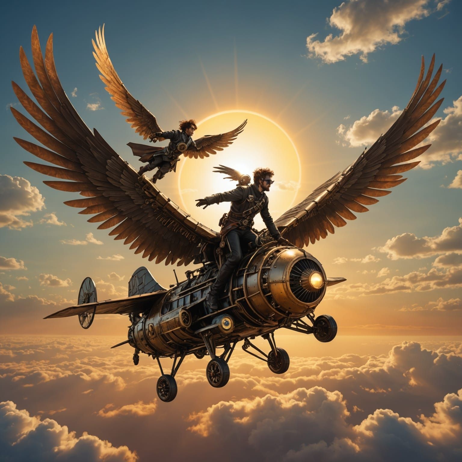 steampunk icarus and daedalus flying too close to the sun - AI ...