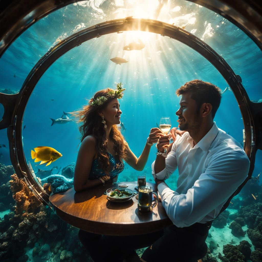 A young couple are having dinner in a round submarine with a full glass ...