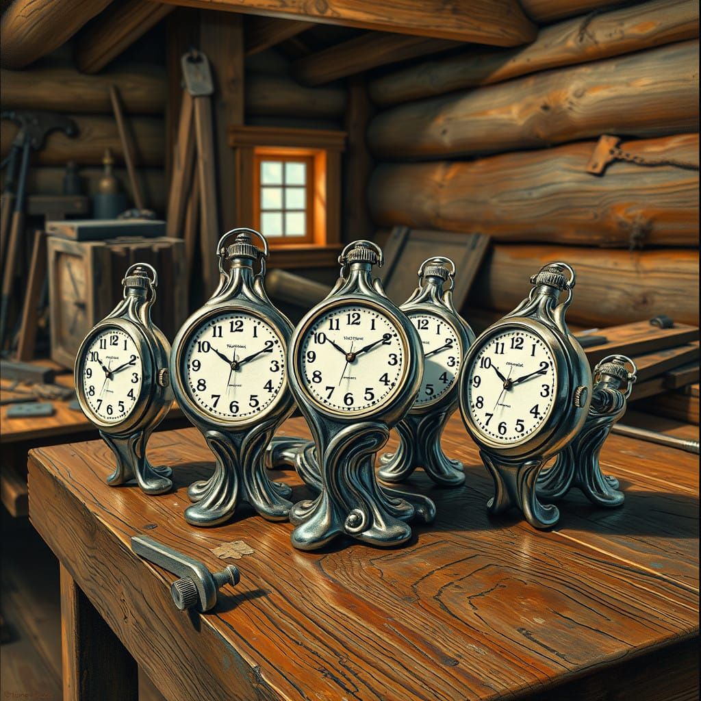 a Salvador Dali painting of a group of liquid metal vintage ...