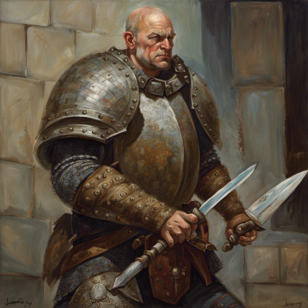 town ruffian - Young Warrior in Plate Armor, Oil Painting