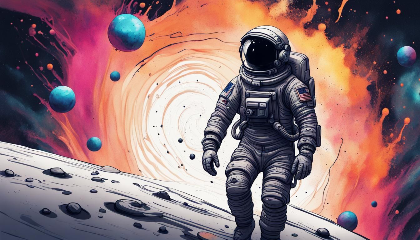 A tiny ink drawing of an astronaut against a gigantic ink splatter ...