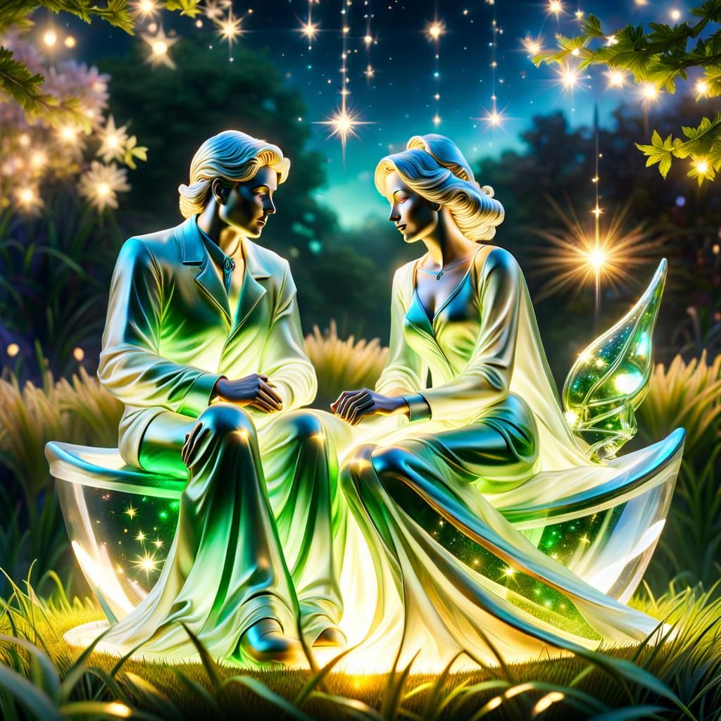 A transparent glass couple sitting in a romantic mood sculpture on the ...