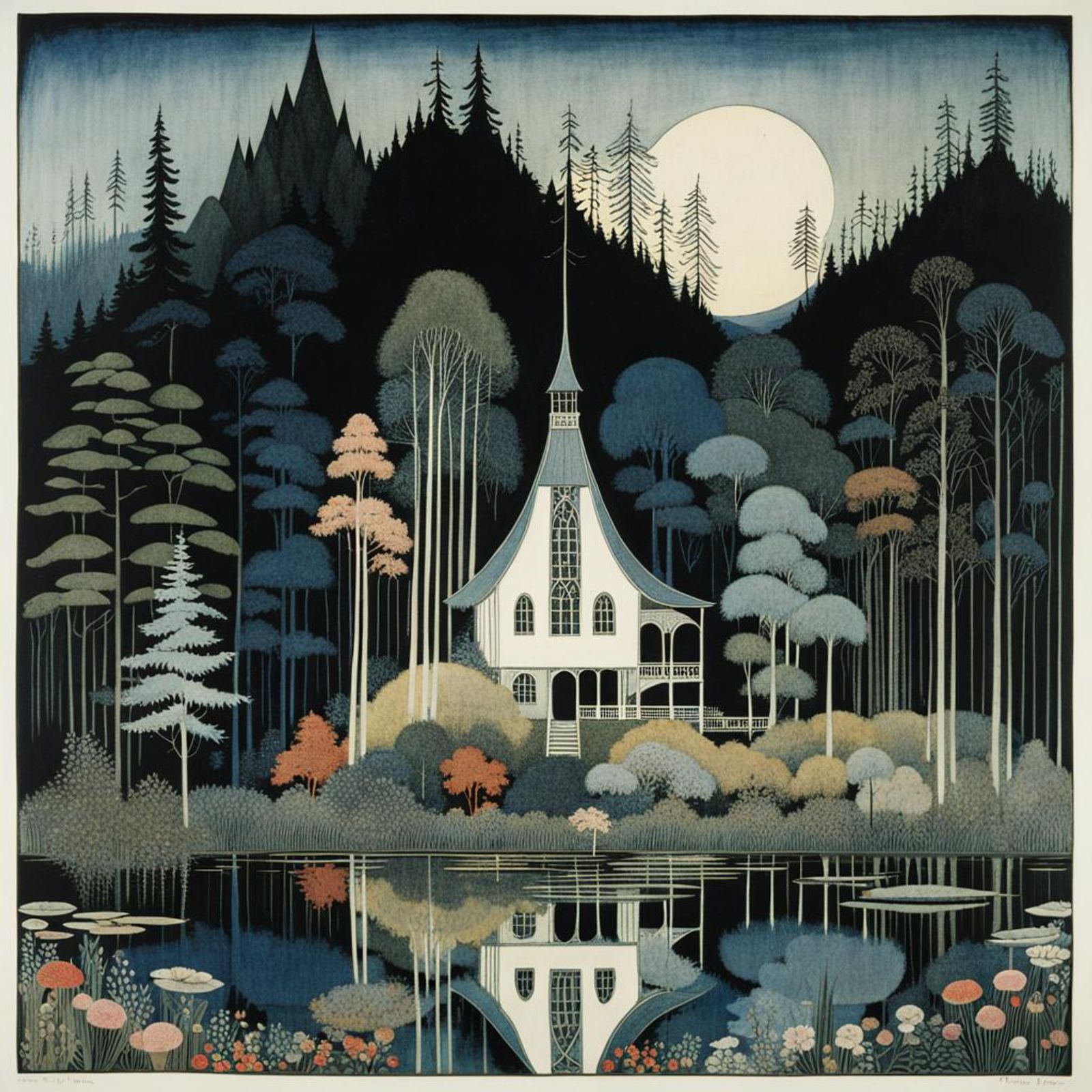 house at the forest lake, by Kay Nielsen, Arthur Rackham and Paul Klee ...