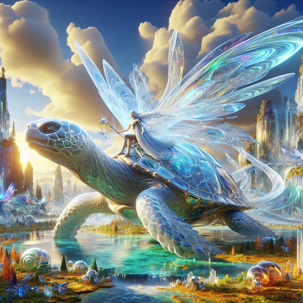 The fairy and the Glass Turtle - Ethereal Fairy Warrior on a...