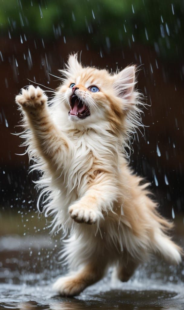 Portrait of a bedraggled sopping wet fluffy long-haired Himalayan cross ...