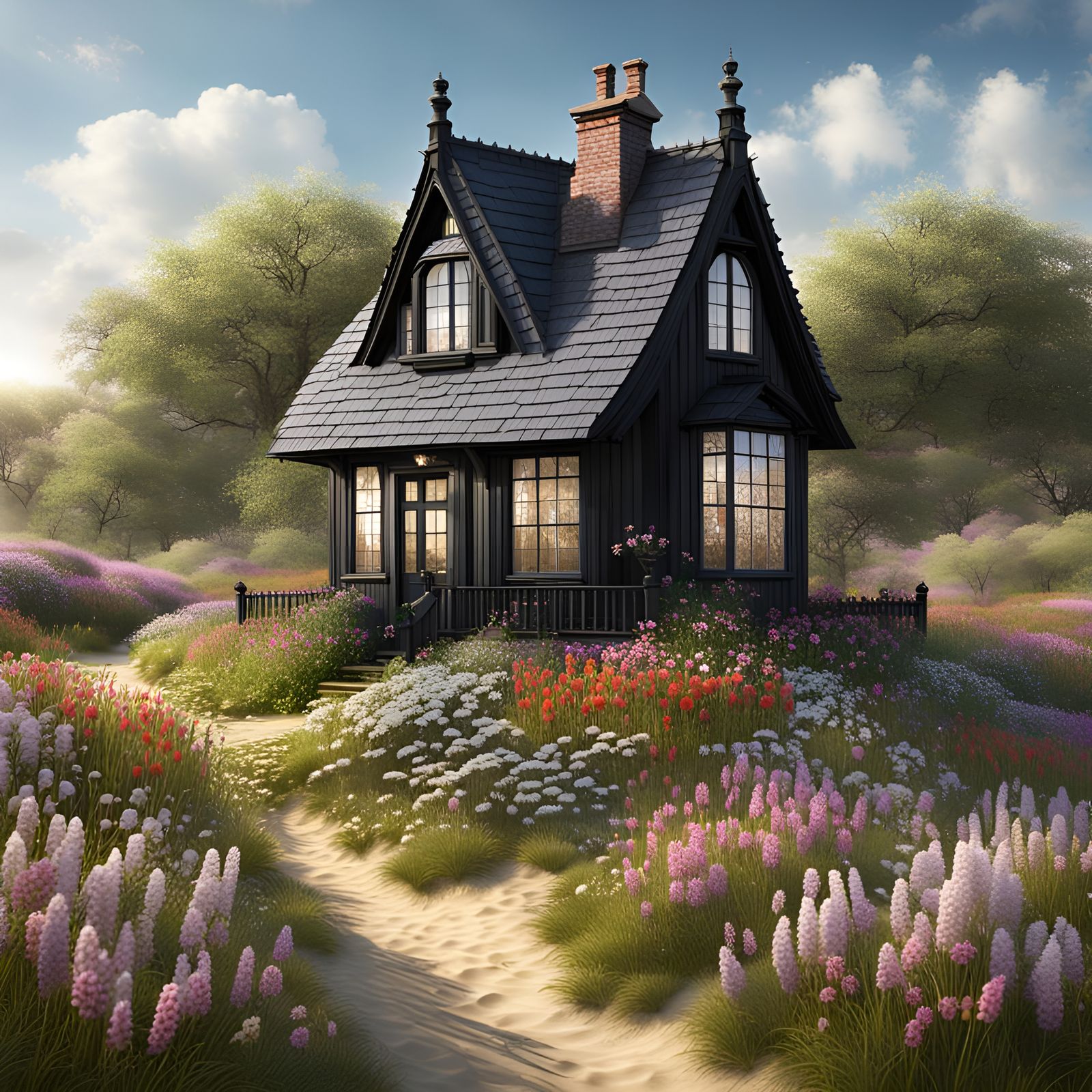 Gothic Cottage on the shore surrounded by dunes and spring flowers - AI ...
