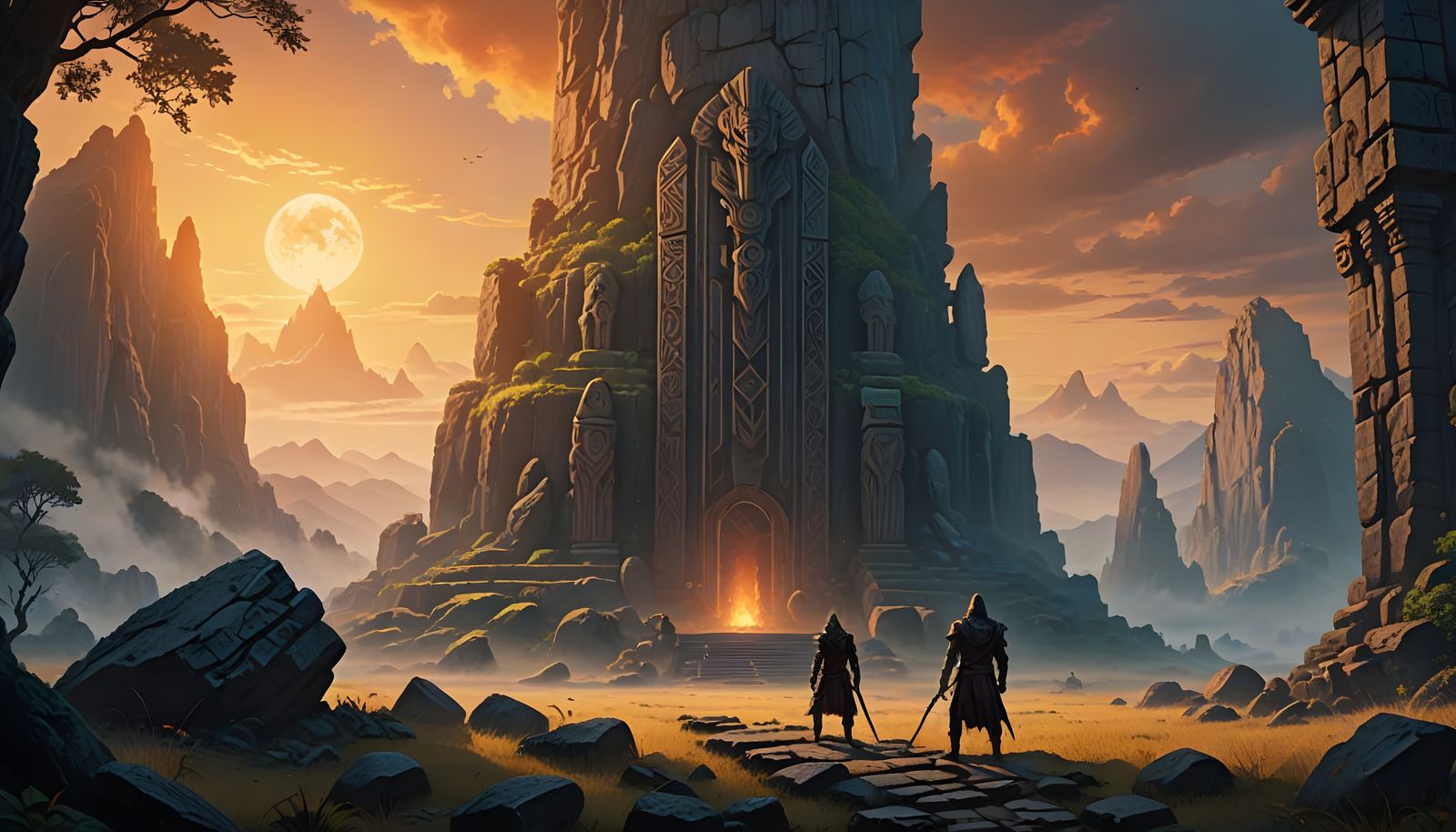 Ancient Warrior Before Forgotten Oath Monolith - AI Art