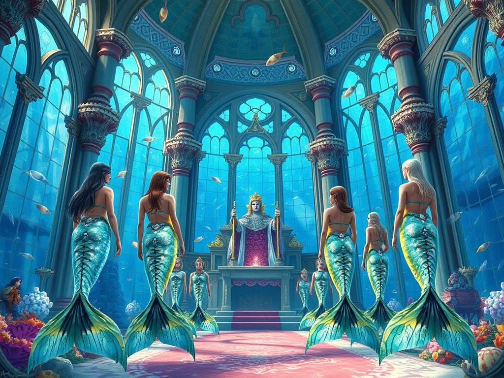 Mermaids serving the Sea King inside his castle.
