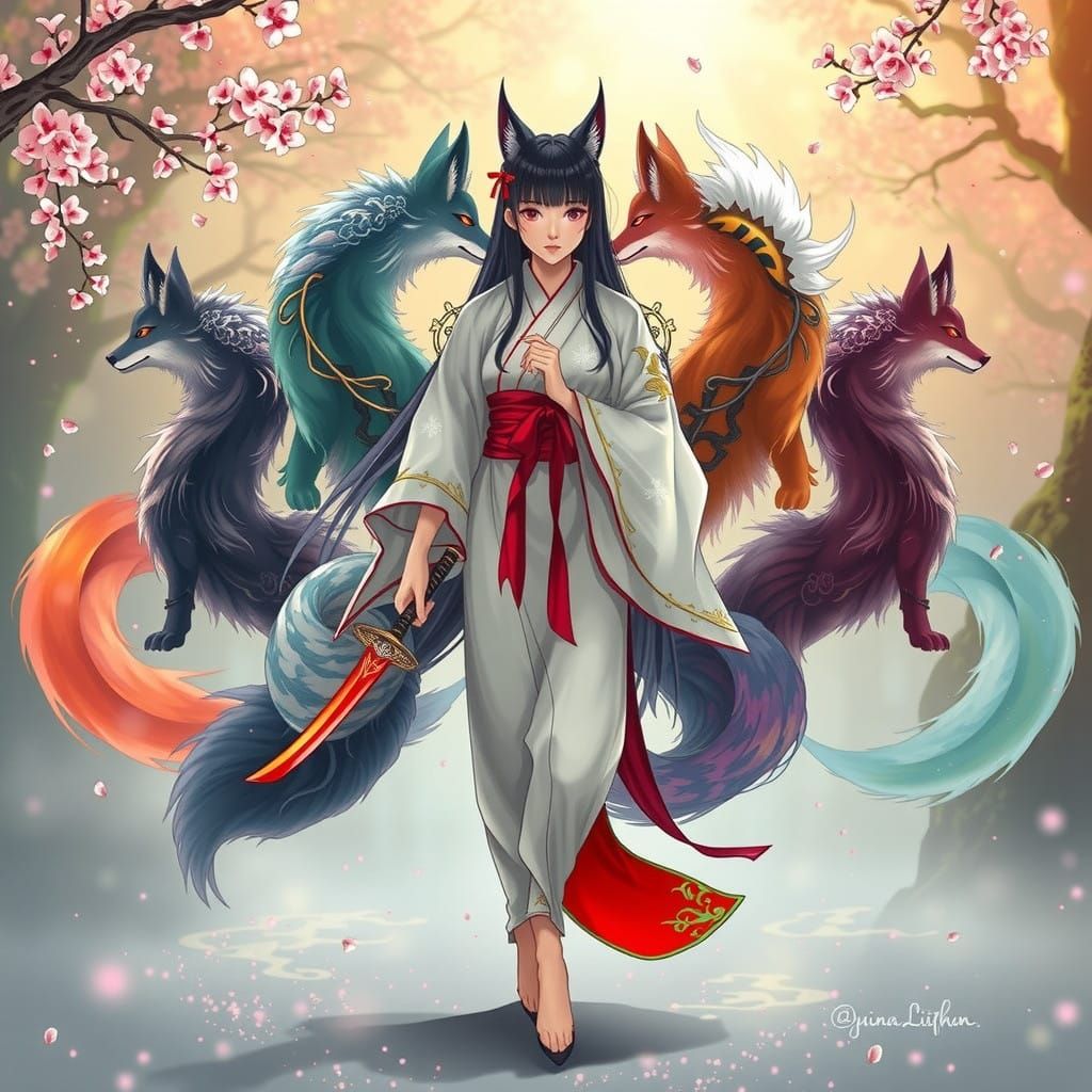 Mystical Kitsune in Cherry Blossom Forest - AI Art