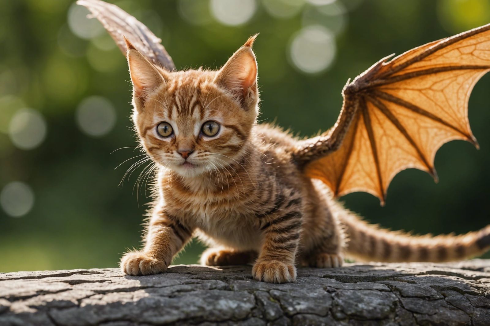 A flying dragon fused with a ginger tabby kitten, kitten head with ...