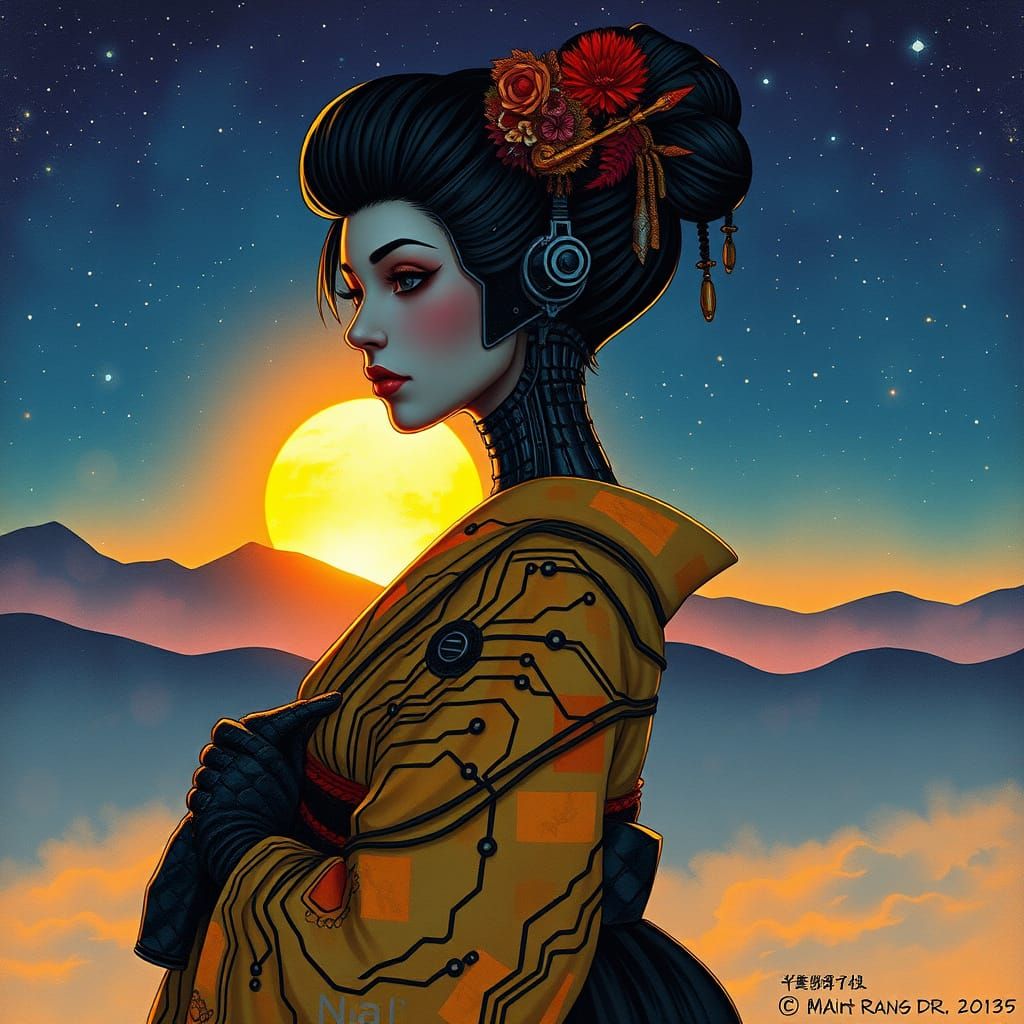 Cyberpunk Android Geisha Silhouetted Against Starr... - AI Art