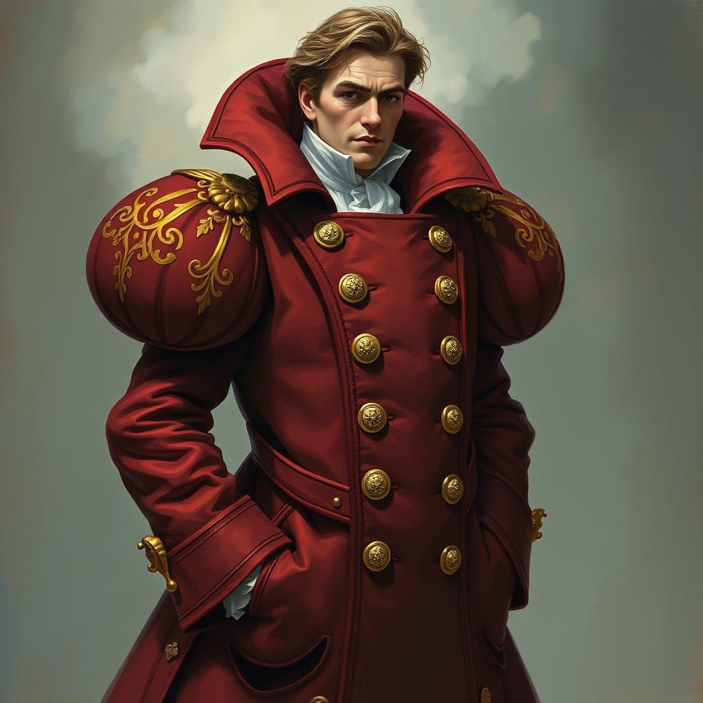 Shoulder Balloons - Man in Elegant, Puffy Overcoat with Whim...