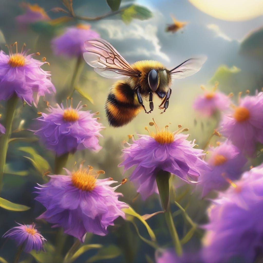 Golden Vortex of Bees in a Blooming Garden - AI Art