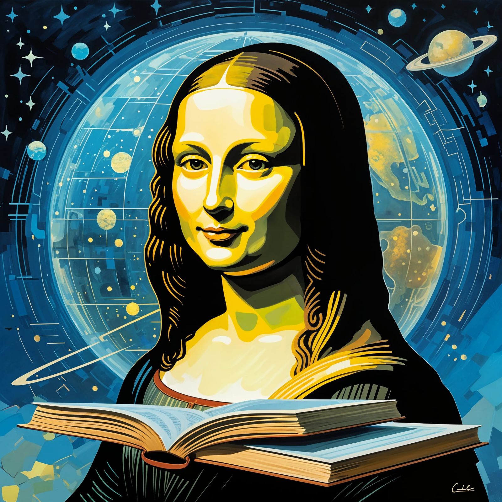 Space Mona The Librarian - Surreal Alien Mona Lisa in Cosmi...