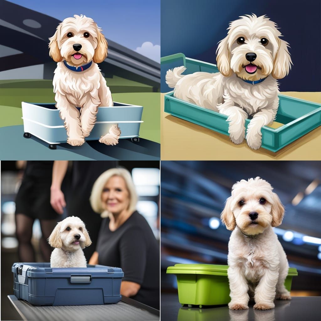 Small white cockapoo in crate at airport conveyor belt slightly fat ...