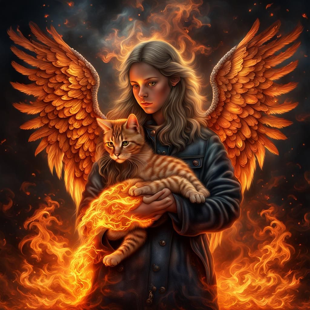 Flaming angel holding a flaming pet cat, flames, smoke, intricate ...