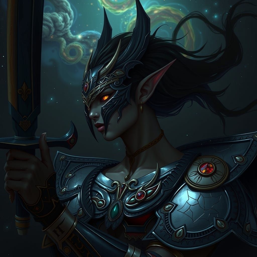 Mysterious Drow Elf Samurai in Dark Art Nouveau Ar... - AI Art