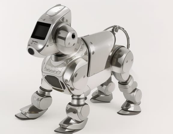 Metallic silver robot dog with black visor, in hotel, intricate ...