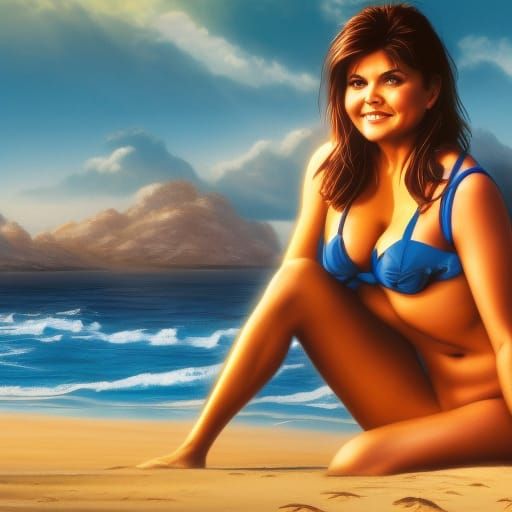 Tiffani thiessen lying on a sunkissed beach - AI Generated Artwork - NightCafe Creator