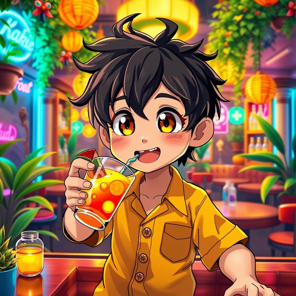 Vibrant Chibi Boy Drinks in a Neon Kiki Bar - AI Art