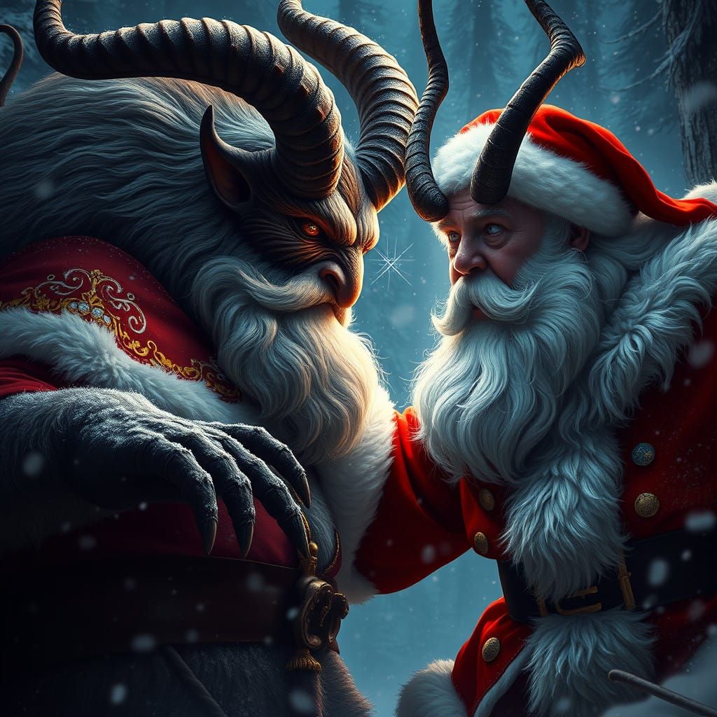 Santa Claus fighting Krampus - Fantasy Battle Scene of Santa...