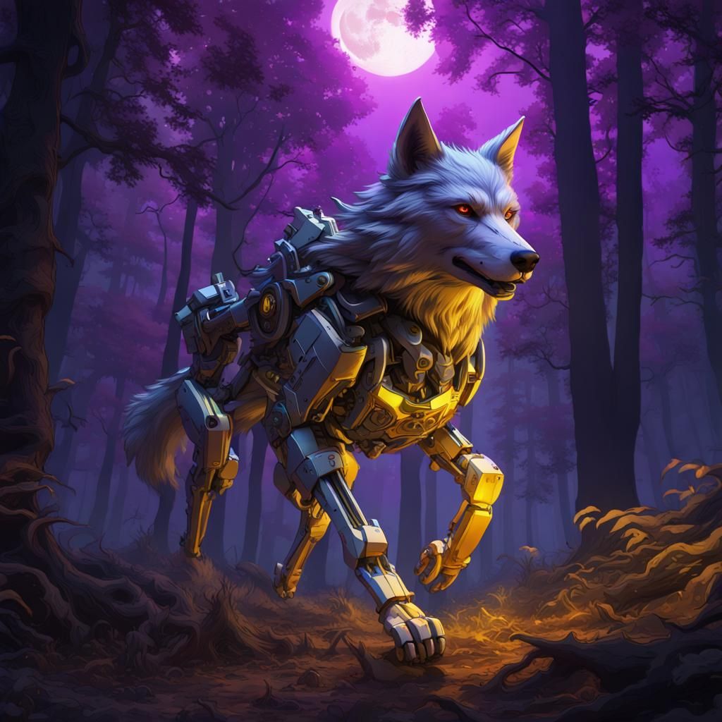 Robotic wolf running the the woods under a full moon - AI Generated ...