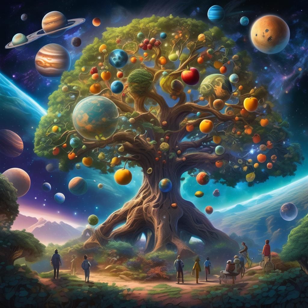 a scene where a colossal, sentient tree of life spans across galaxies ...