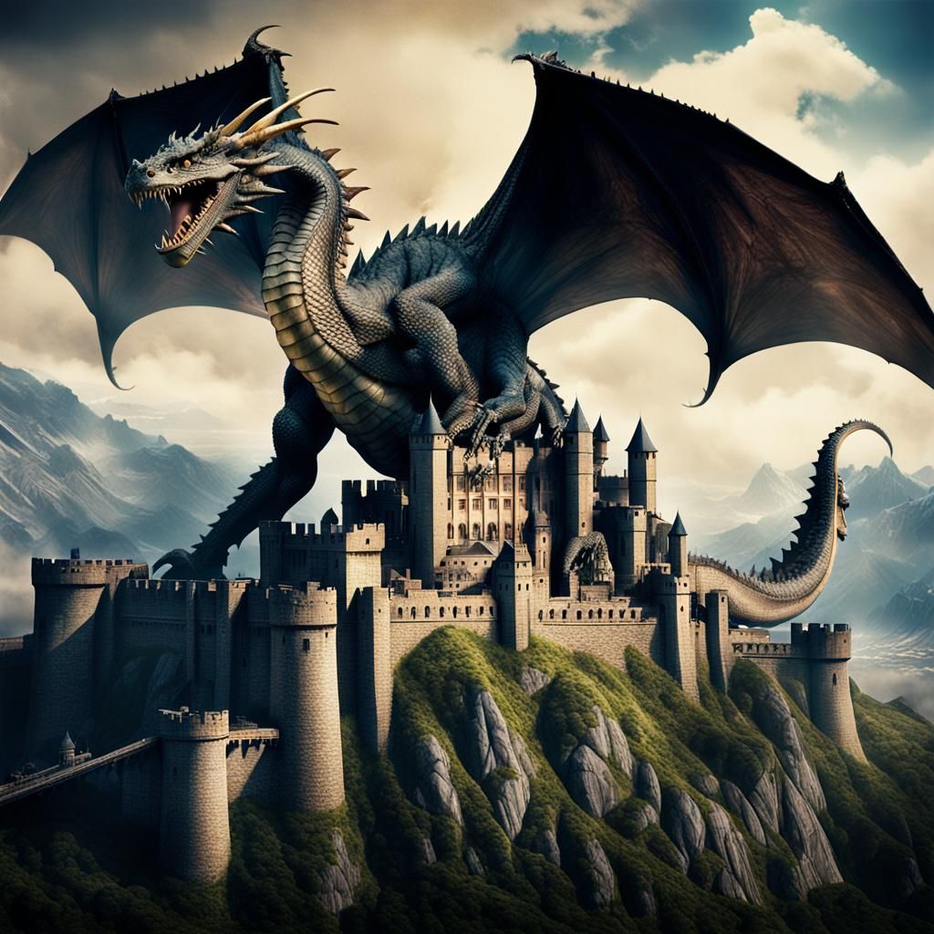 Mountain sized dragon towers over castle city, titanic dragon with ...