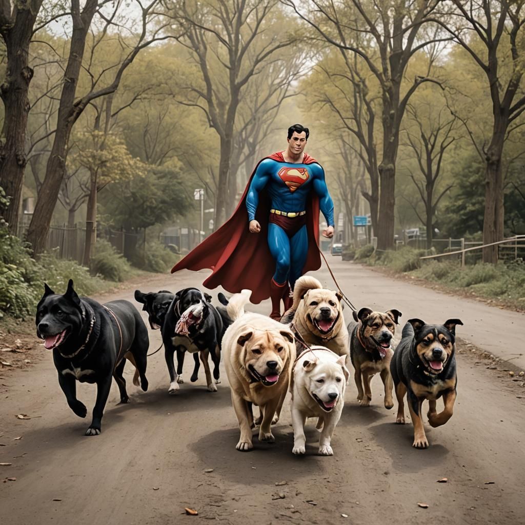 1 Superman taking three big fierce dogs out for a walk - AI Generated ...