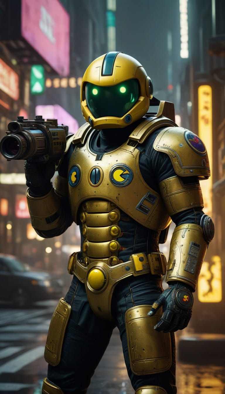 Muscular Pac-Man in Tactical Space Suit, Laser Can... - AI Art